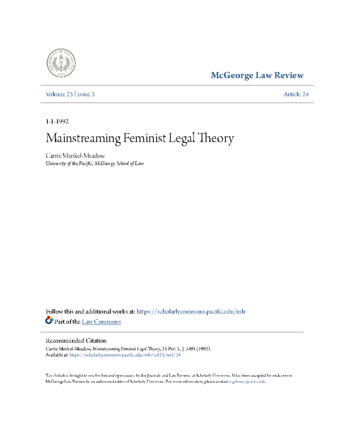 Mainstreaming Feminist Legal Theory - McGeorge Law Review Volume 23 ...