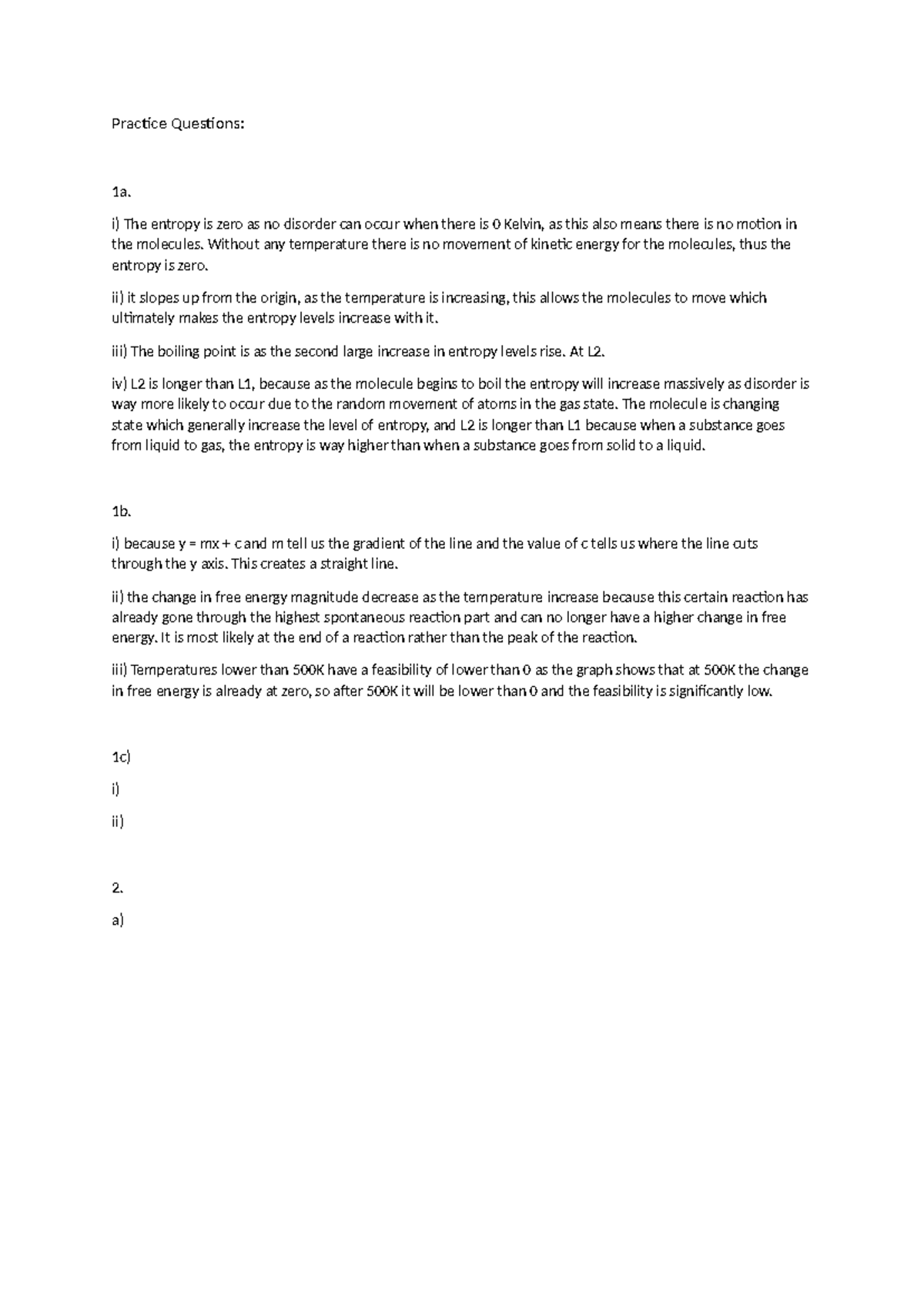 Chemistry Entropy Practice Questions - Practice Questions: 1a. i) The ...
