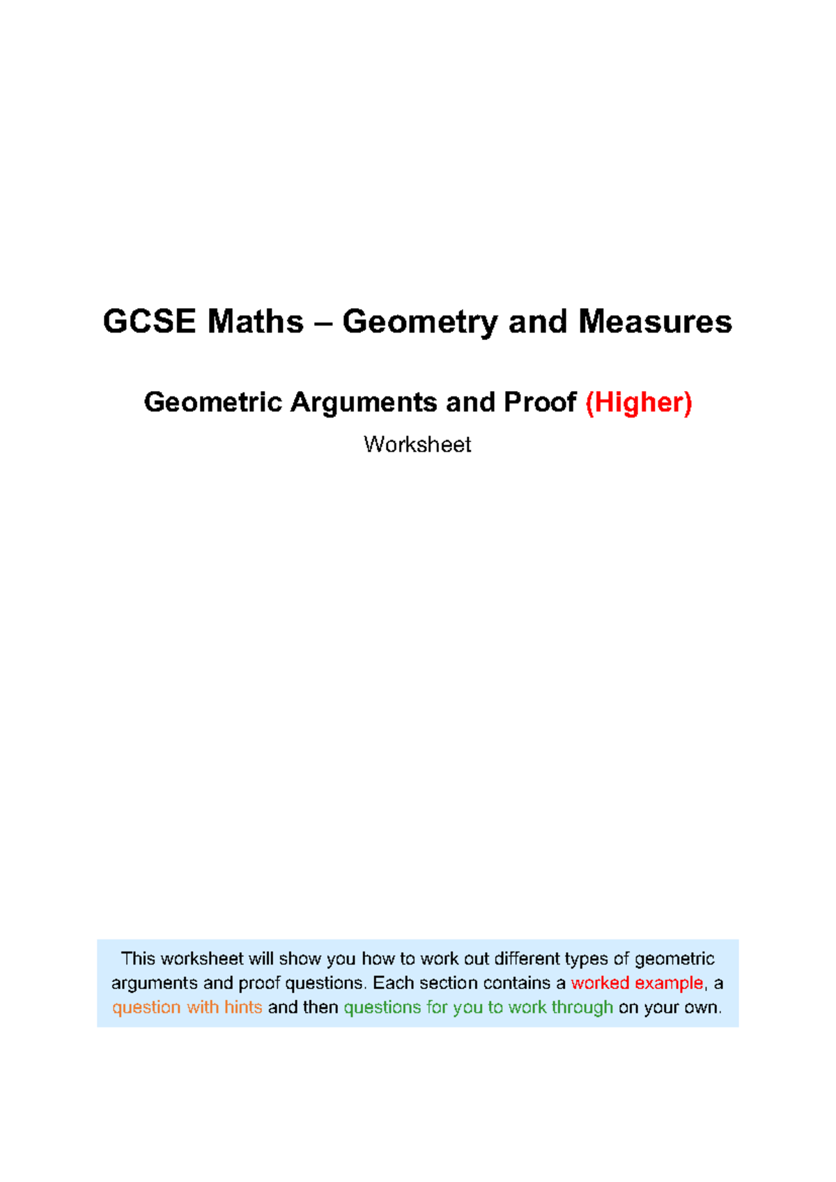 GCSE Geometric Arguments AND Proof Exercise - GCSE Maths – Geometry and Measures Geometric ...