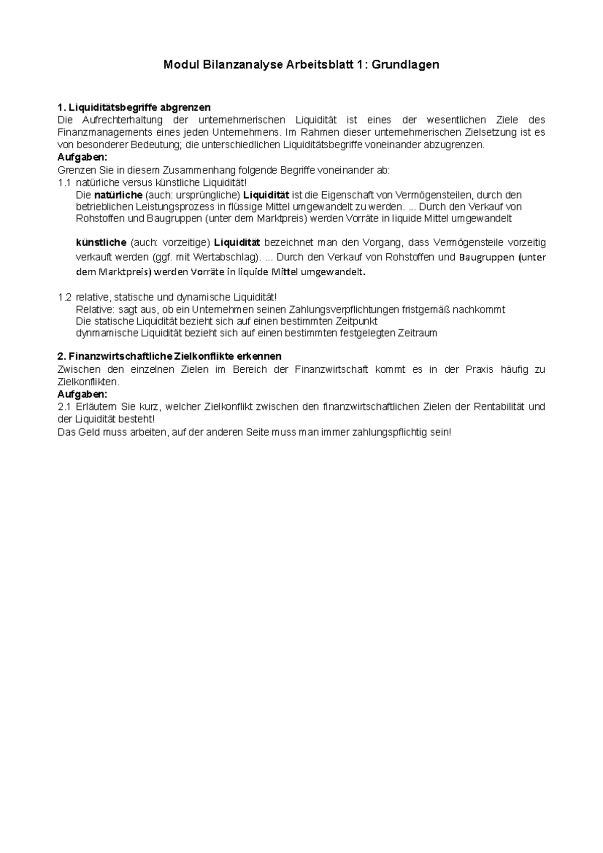 Modul Bilanzanalyse Arbeitsblatt 1 - Im Rahmen dieser unternehmerischen ...