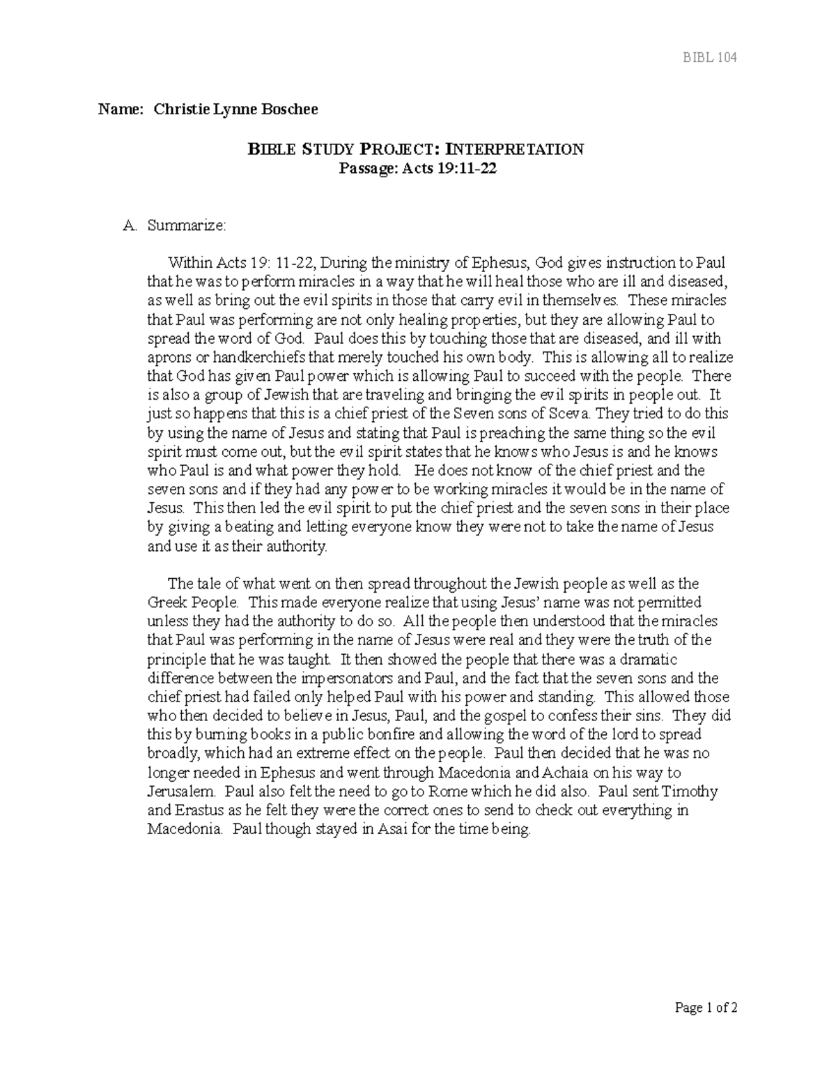 Bible Study Project Interpretation - BIBL 104 Name: Christie Lynne ...