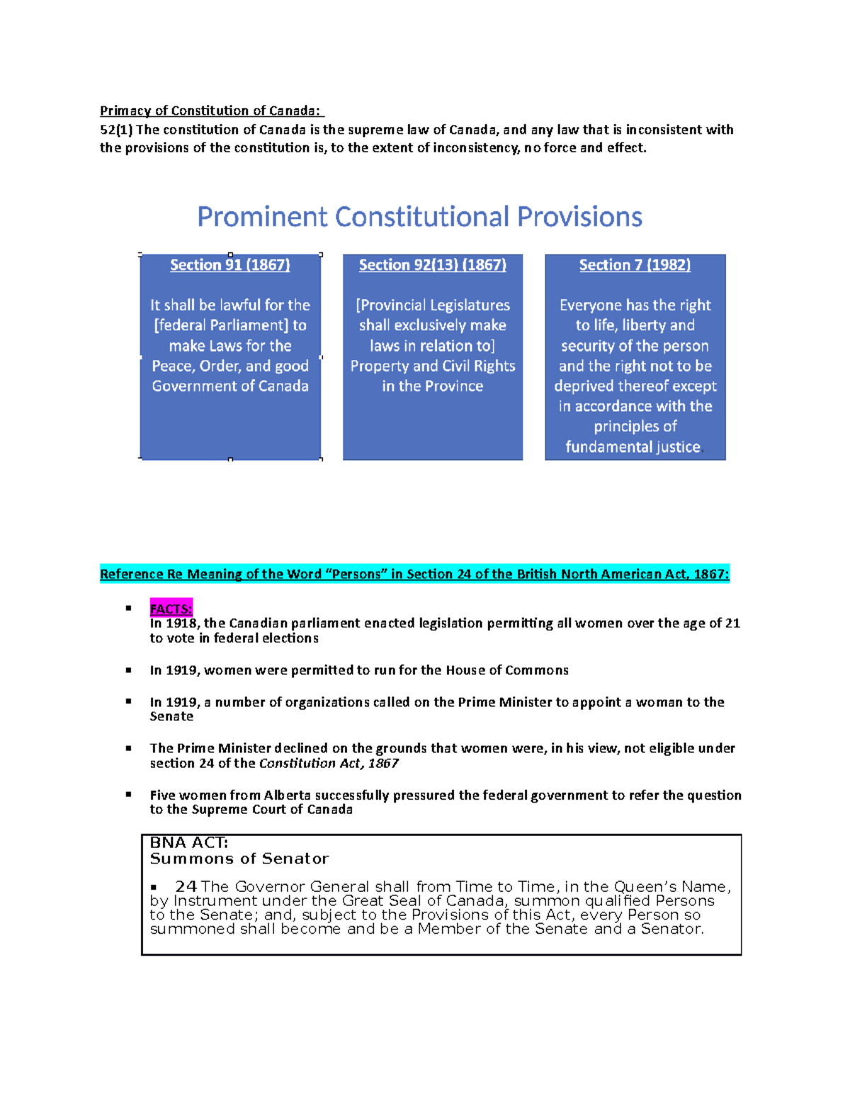 Constitutional LAW Final Summary 2 - Primacy of Constitution of Canada ...
