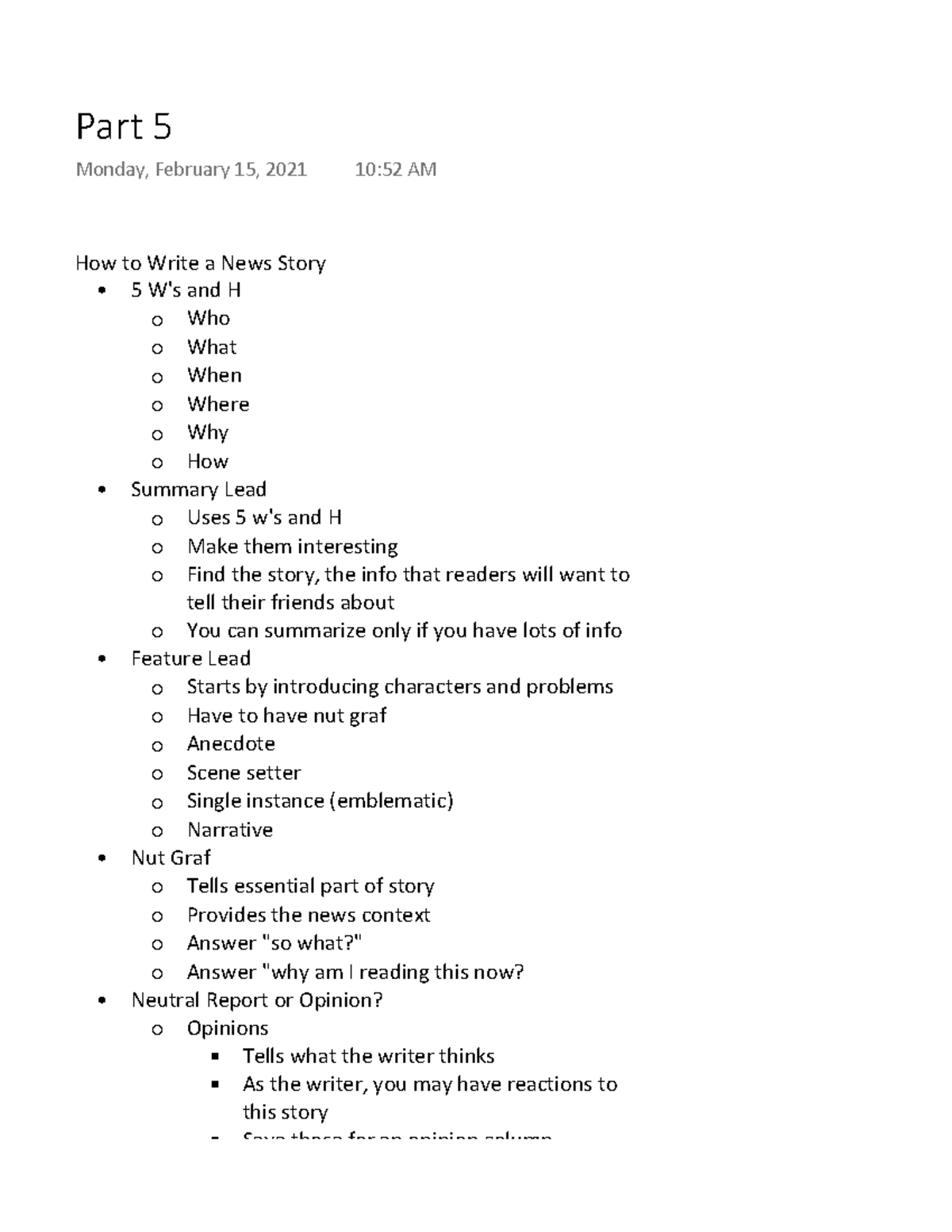 Part 5 - Lecture notes Part 5 - How to Write a News Story 5 W's and H ...