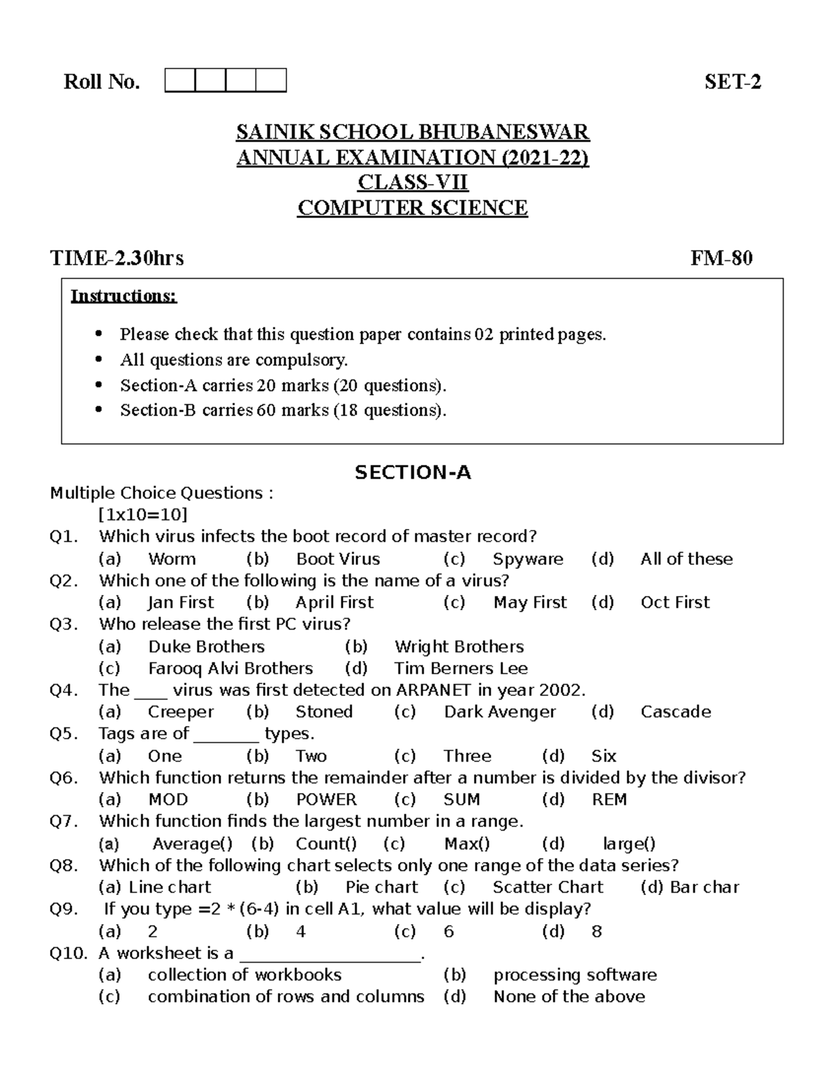 Annual-CL7( Computer) SET-2 - Roll No. SET- SAINIK SCHOOL BHUBANESWAR ...