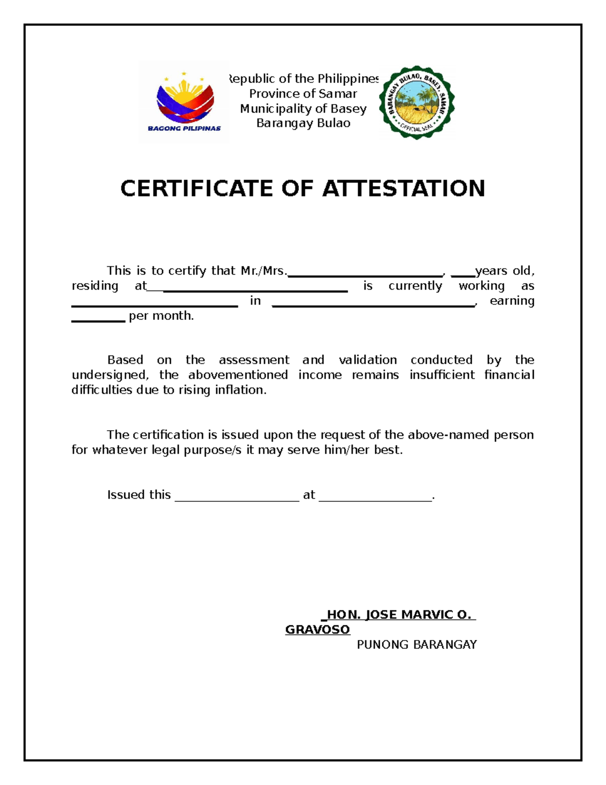 Attestation Blank - GRADUATED - Republic of the Philippines Province of ...