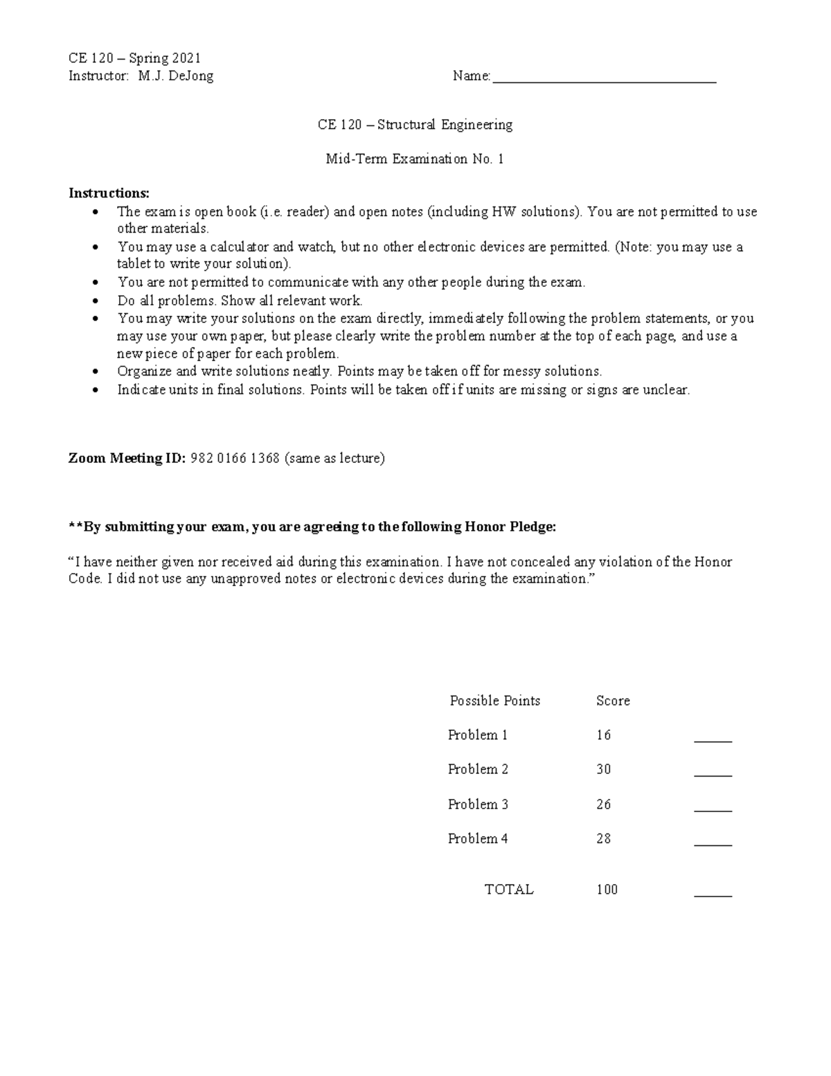 CE120-2021S-Midterm 1 Solution - Instructor: M. DeJong Name