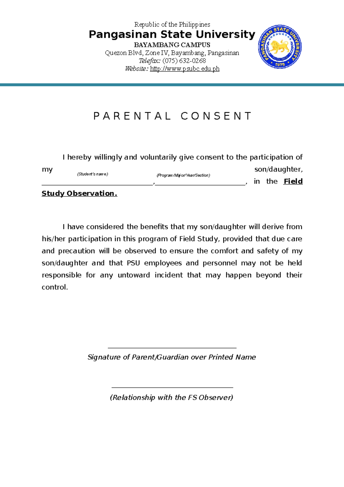 Parental-consent-FS-Observation 2 - Republic of the Philippines Pangasinan State University ...