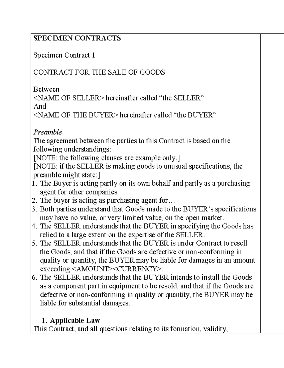 Sales IBC-ICC - SPECIMEN CONTRACTS Specimen Contract 1 CONTRACT FOR THE ...