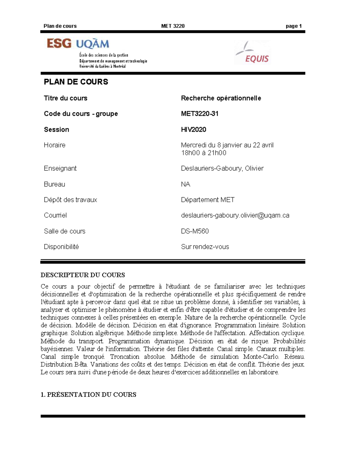 MET3220 - Plan de cours - 201 - gr31 - Warning: TT: undefined function: 32 PLAN DE COURS Titre ...