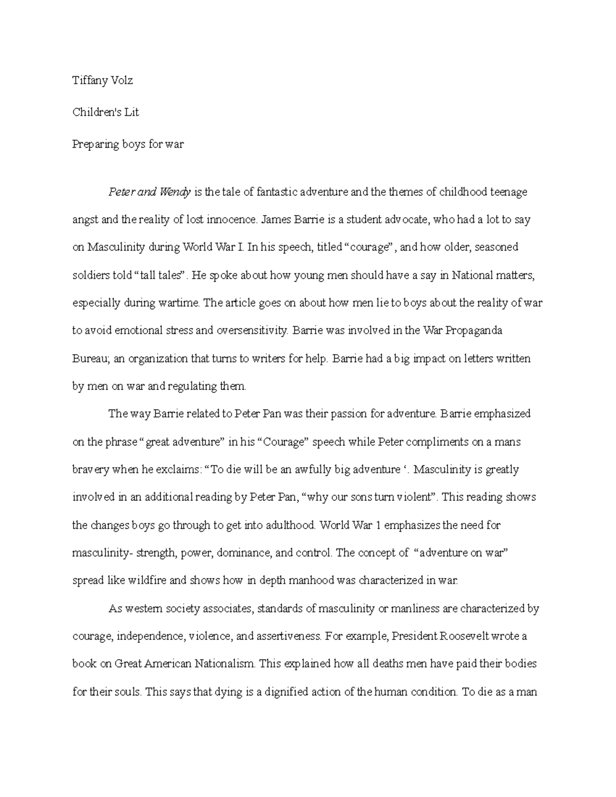 Peter and wendy - Grade: A - Tiffany Volz Children's Lit Preparing boys ...