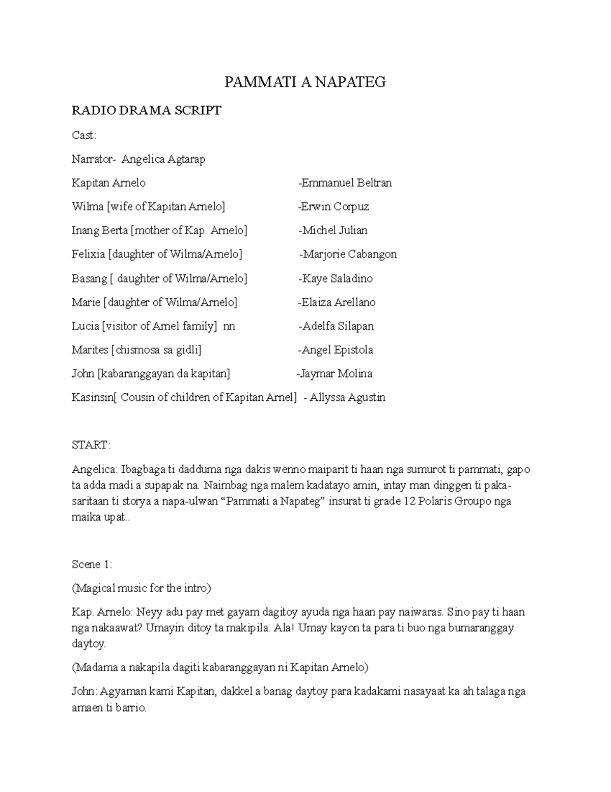 A document for a script ( Pammati a Napateg) a tail from a barangay ...