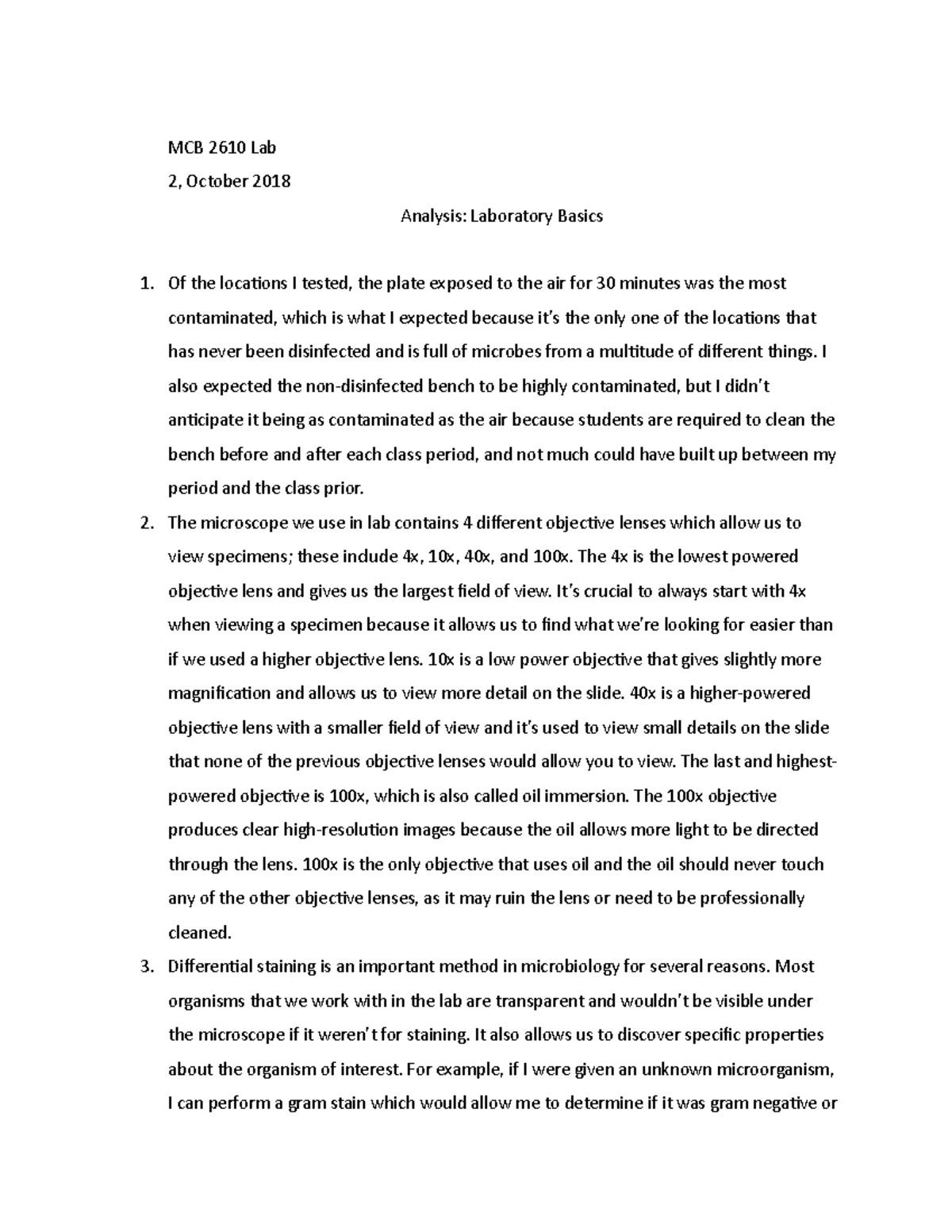 Lab analyses - Lab report - MCB 2610 Lab 2, October 2018 Analysis ...