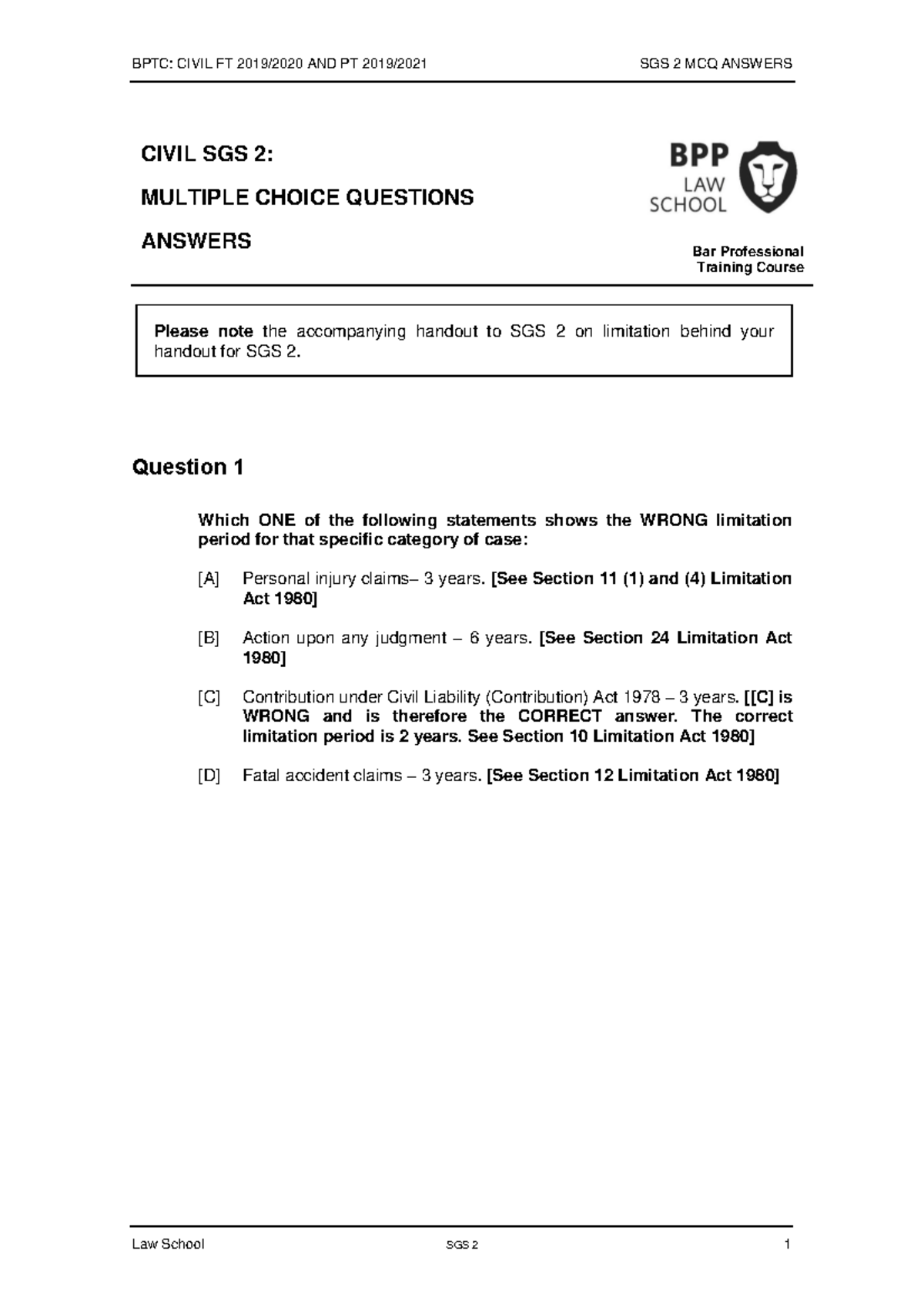 SGS 2 MCQs Civil (w Answers) - BPTC: CIVIL FT 2019/2020 AND PT 2019/2021 SGS 2 MCQ ANSWERS Law ...
