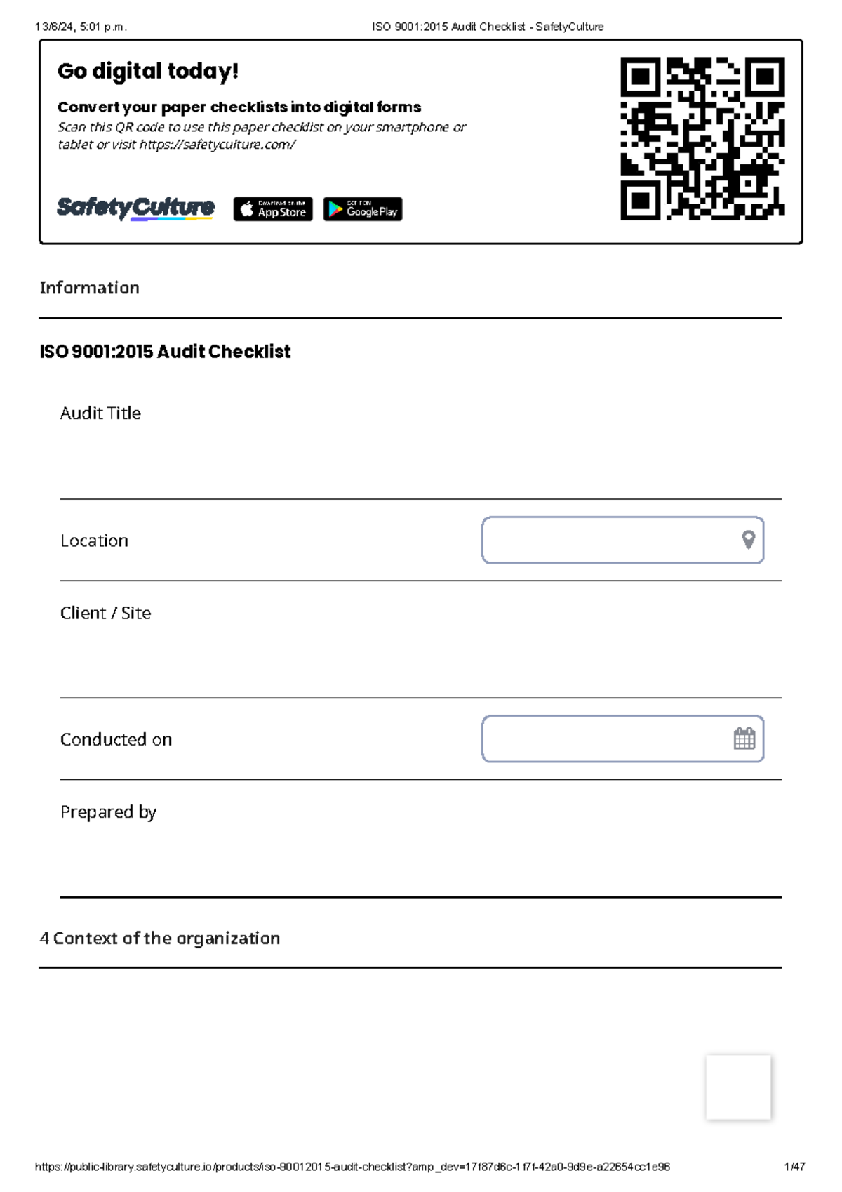 ISO 9001 2015 Audit Checklist - Safety Culture - Information 4 Context ...