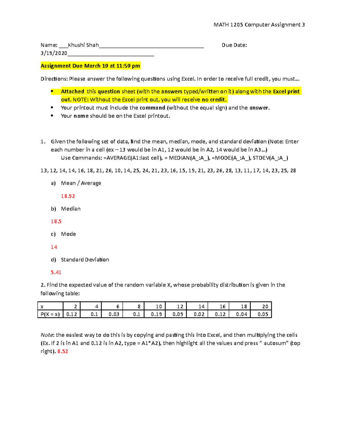 Computer Assignment 3 Chapter 9 Mean Median Mode Standard