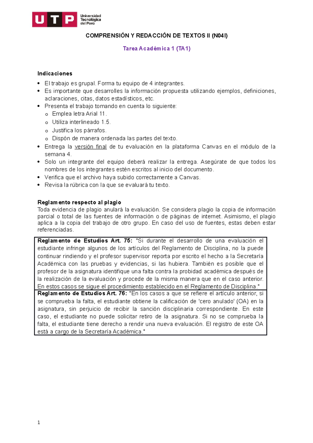 Tarrea Academica 1(TA1) - COMPRENSIÓN Y REDACCIÓN DE TEXTOS II (N04I ...