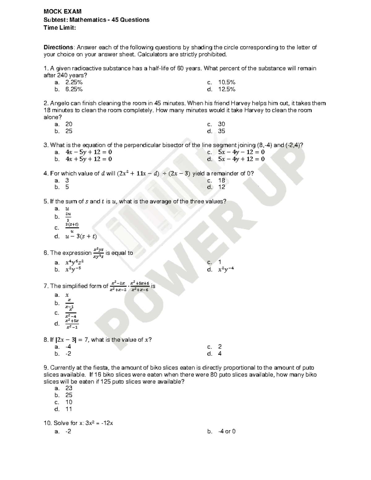 Power UP 2020 Mathematics - Subtest: Mathematics - 45 Questions Time ...
