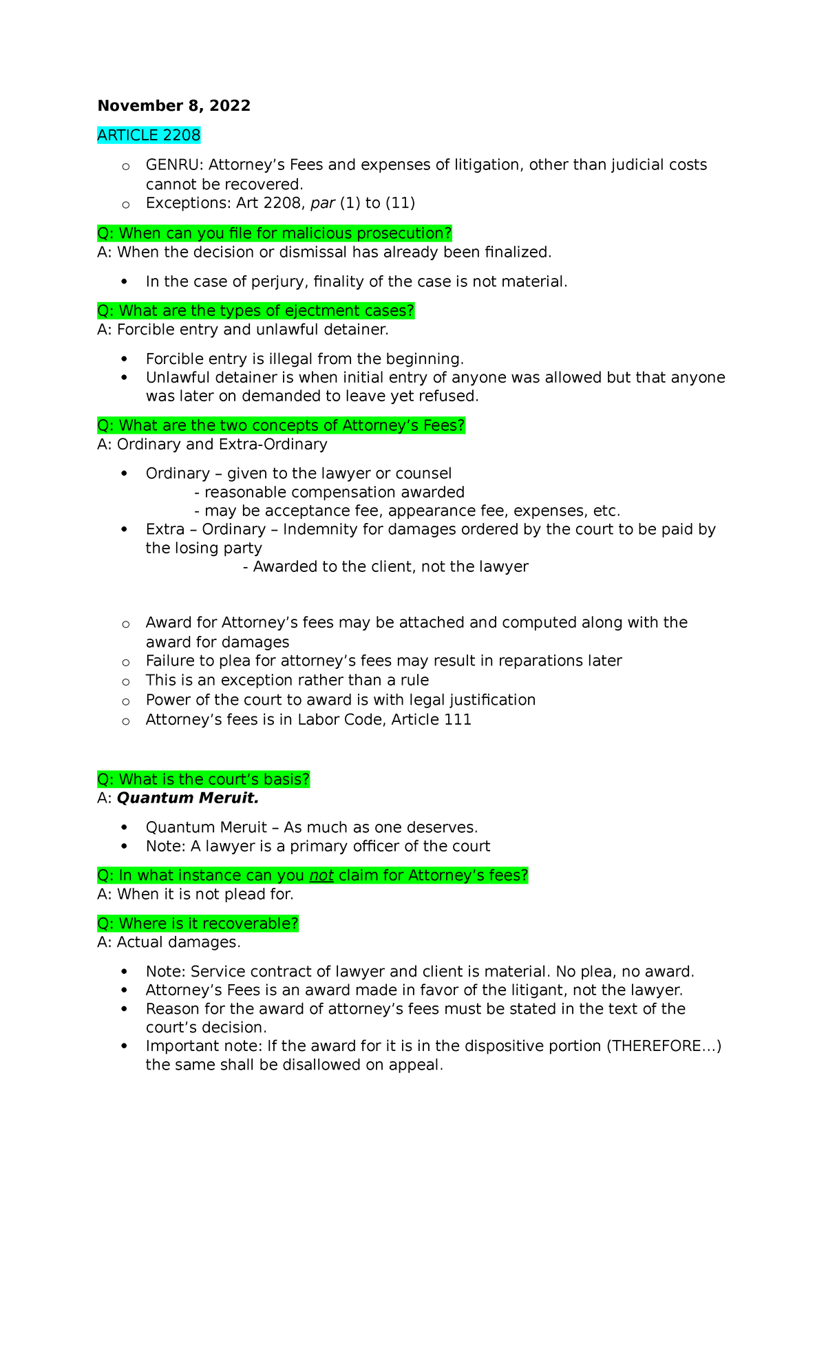 Torts - Notes - Nov 8 - November 8, 2022 ARTICLE 2208 o GENRU: Attorney ...