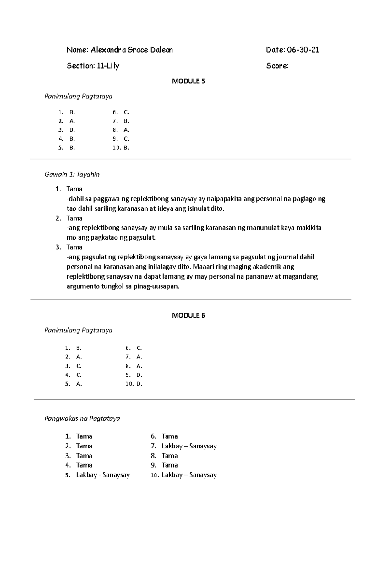 Filipino - answer key lol - Name: Alexandra Grace Daleon Date: 06-30 ...