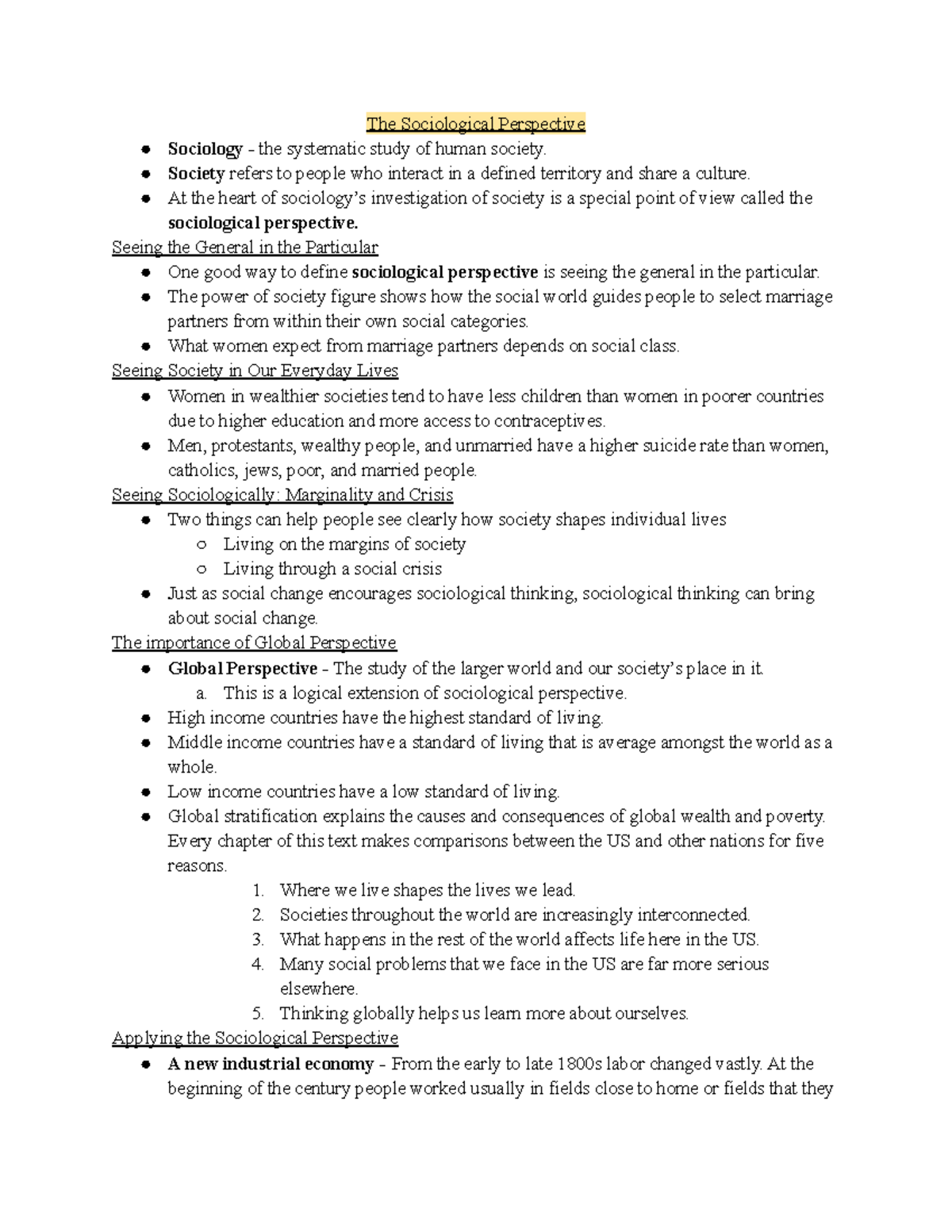 Sociology notes chapter 2 - The Sociological Perspective Sociology ...