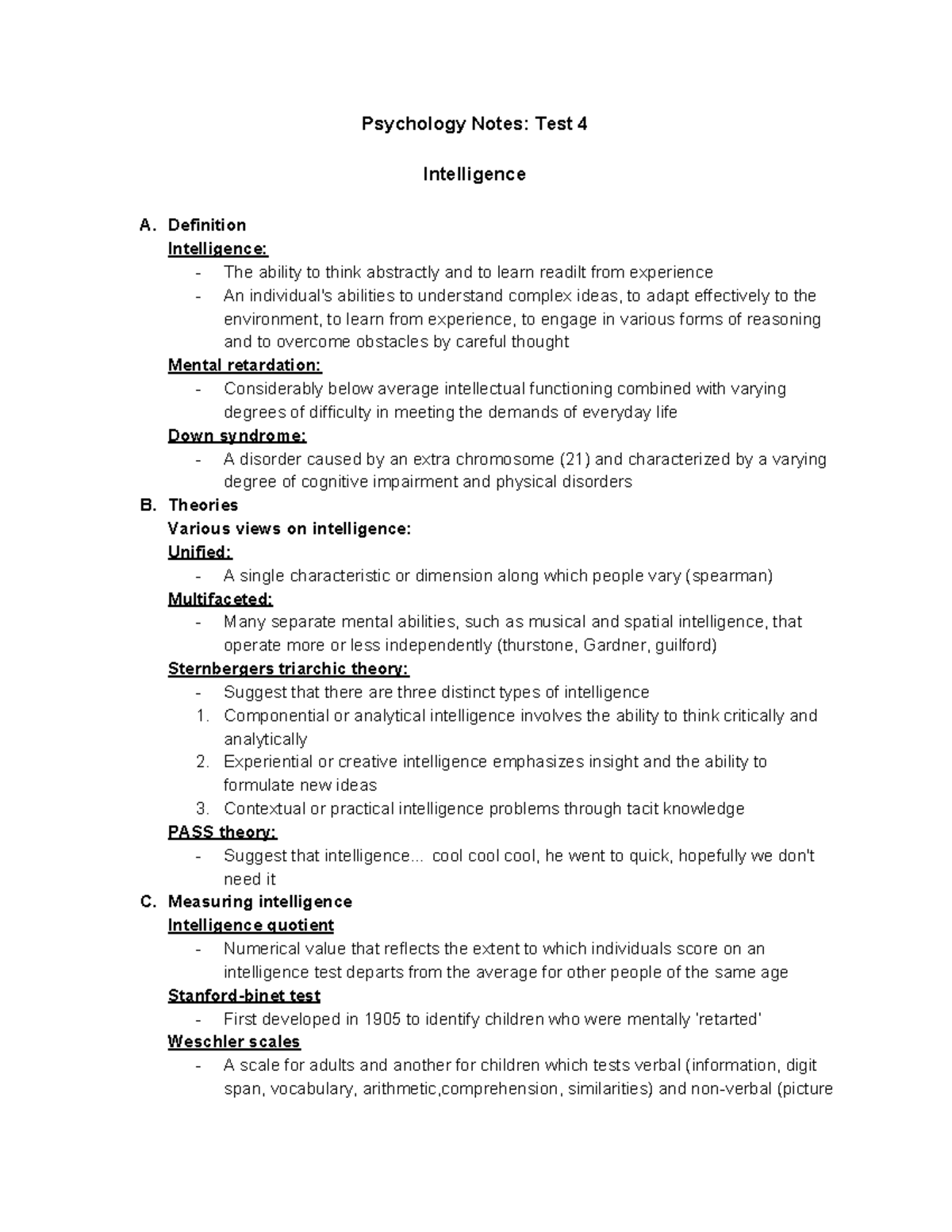 Psychology note Test 4 - Lecture notes lecture notes leading up to test ...