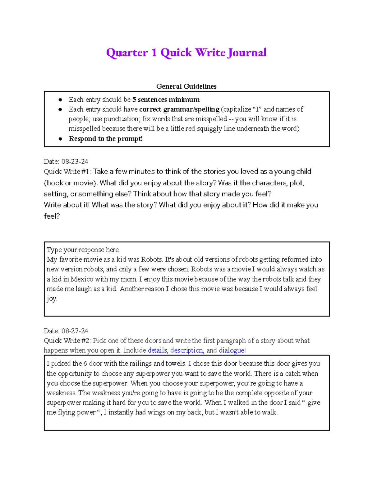 Copy of Quarter 1 Quick Write Journal - Quarter 1 Quick Write Journal ...