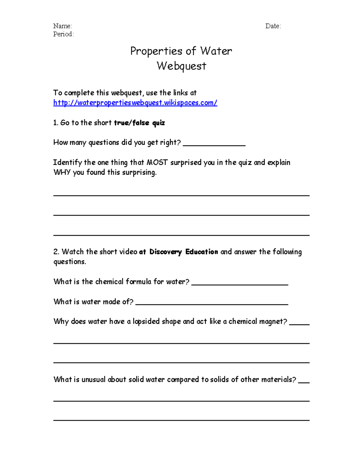 Water webquest 2 - Great Assignment - Name: Date: Period: Properties of ...