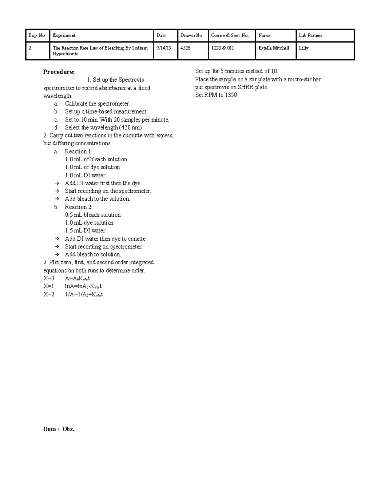 Procedure Ex. 2 - Exp. No Experiment Date Drawer No. Course & Sect. No ...