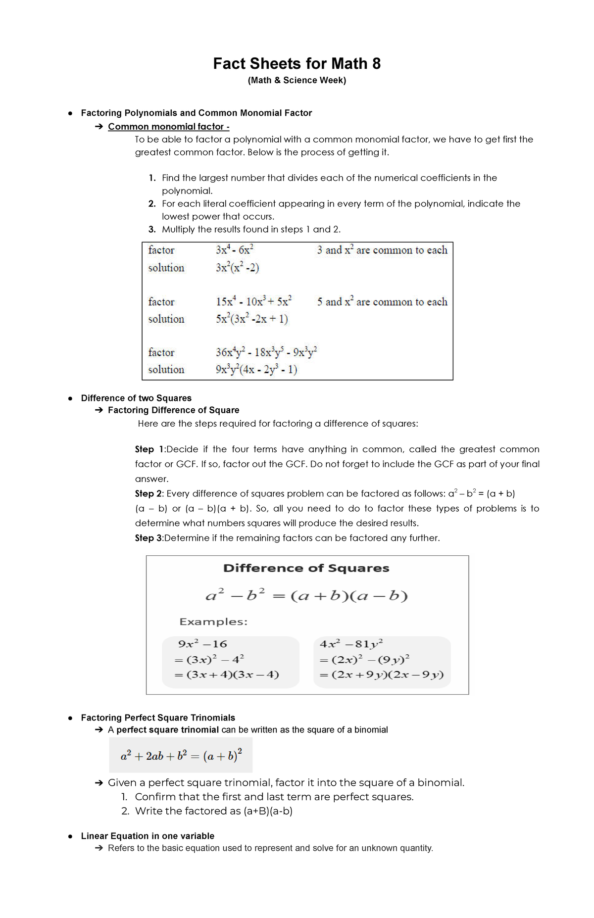 Math 8 - Fact Sheets - Fact Sheets for Math 8 (Math & Science Week ...