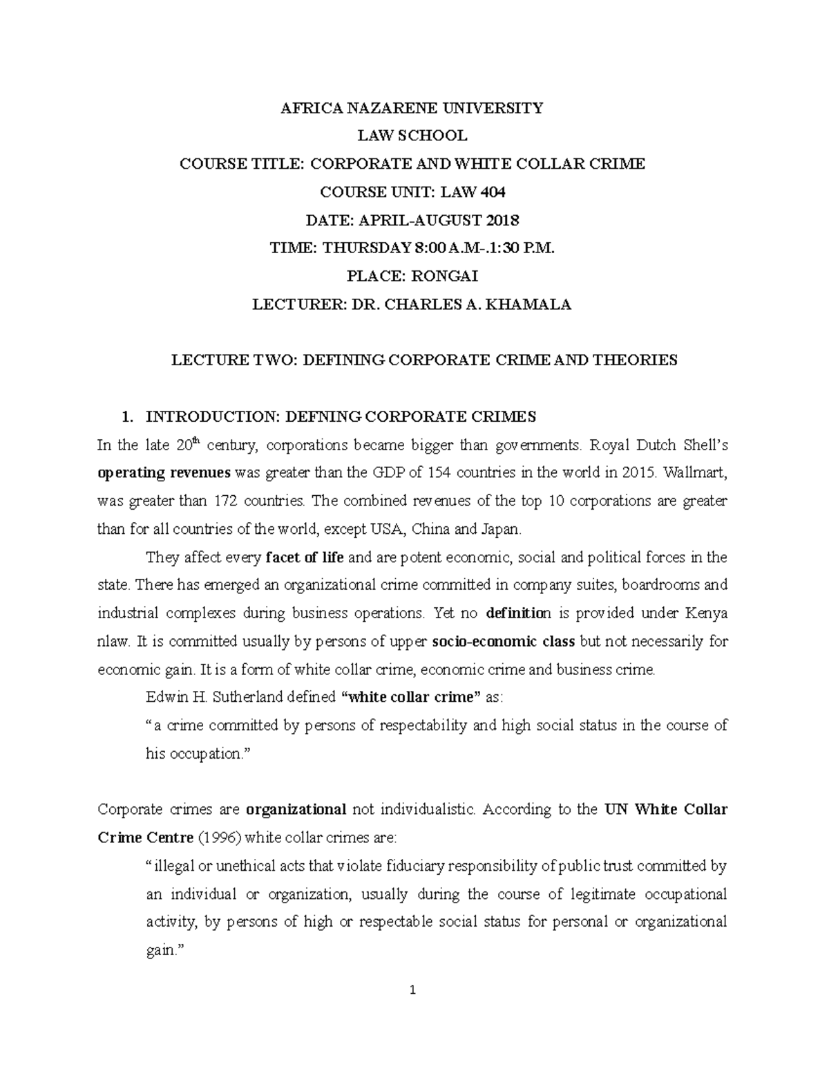 Classnotes 2 Defining Corporate Crime AND Theories - AFRICA NAZARENE ...