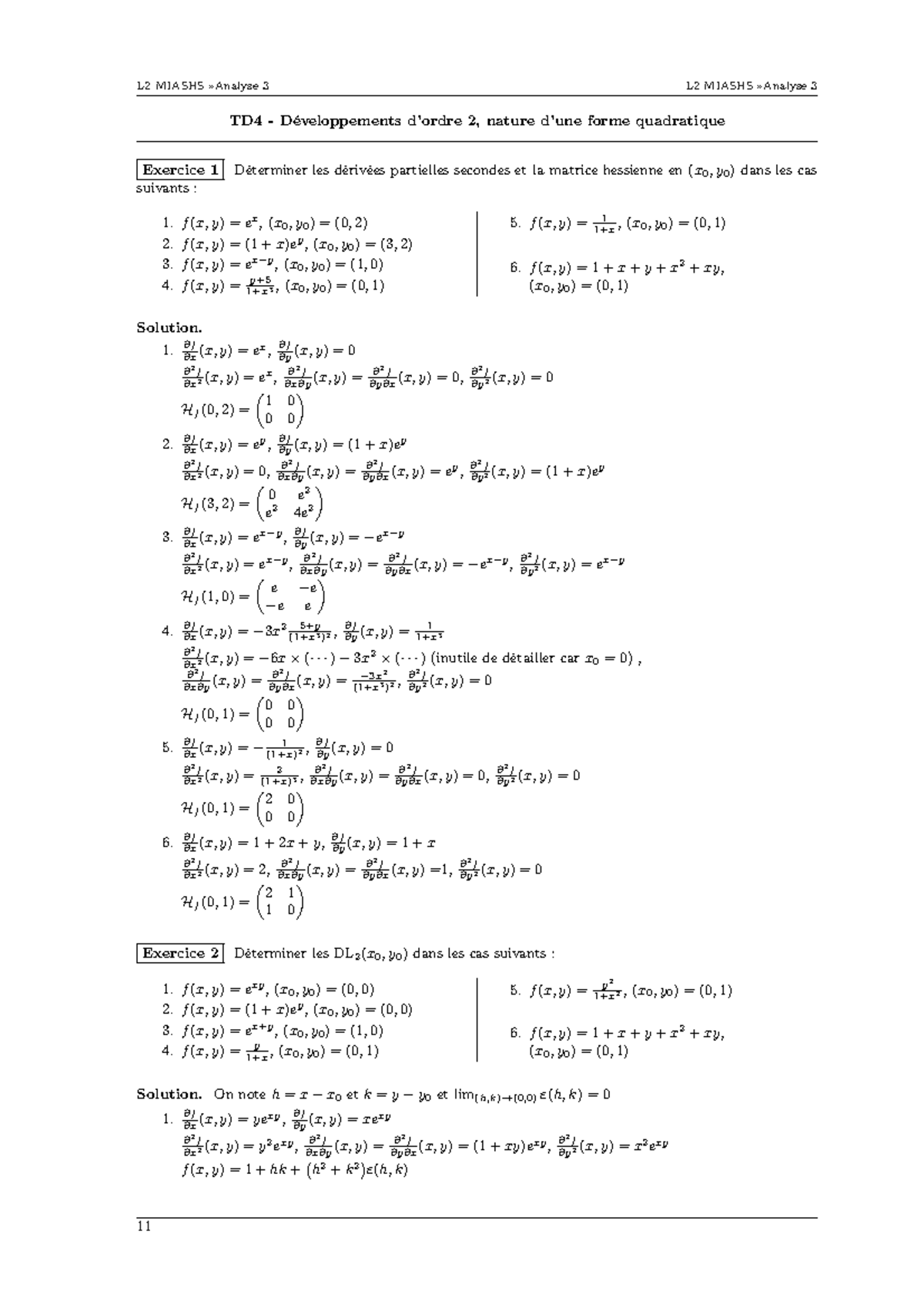 Sol TD4 - TD4 Corrigé - L2 MIASHS »Analyse 3 L2 MIASHS »Analyse 3 TD4 - Développements d’ordre 2 ...