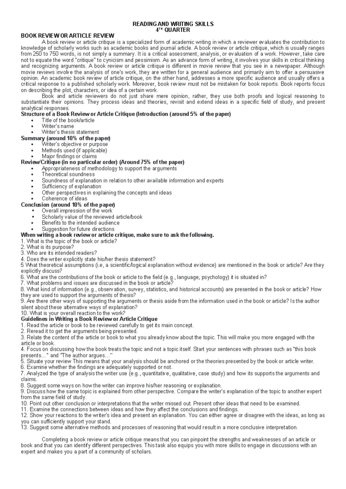 Q4 BOOK Review OR Article Review- handout Reading AND Writing Skills ...