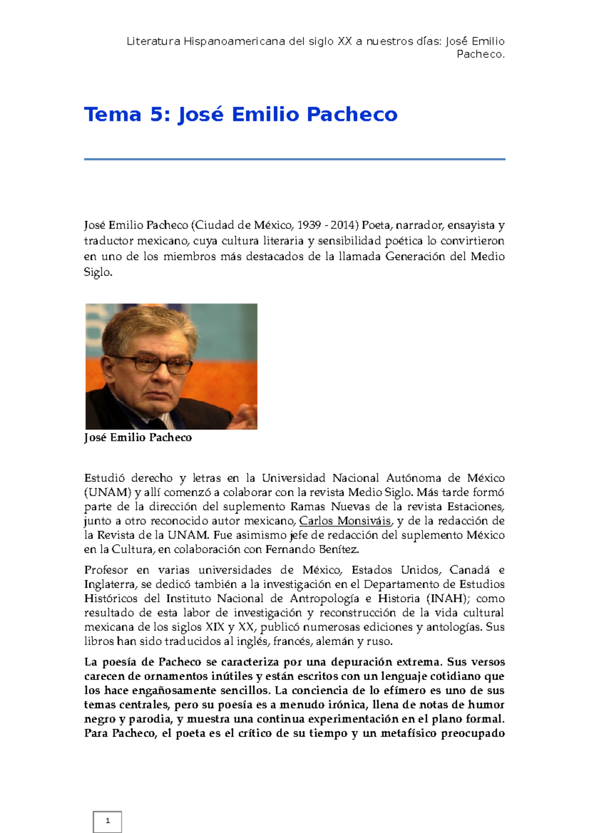 Tema5 José Emilio Pacheco - Pacheco. Tema 5: José Emilio Pacheco José ...