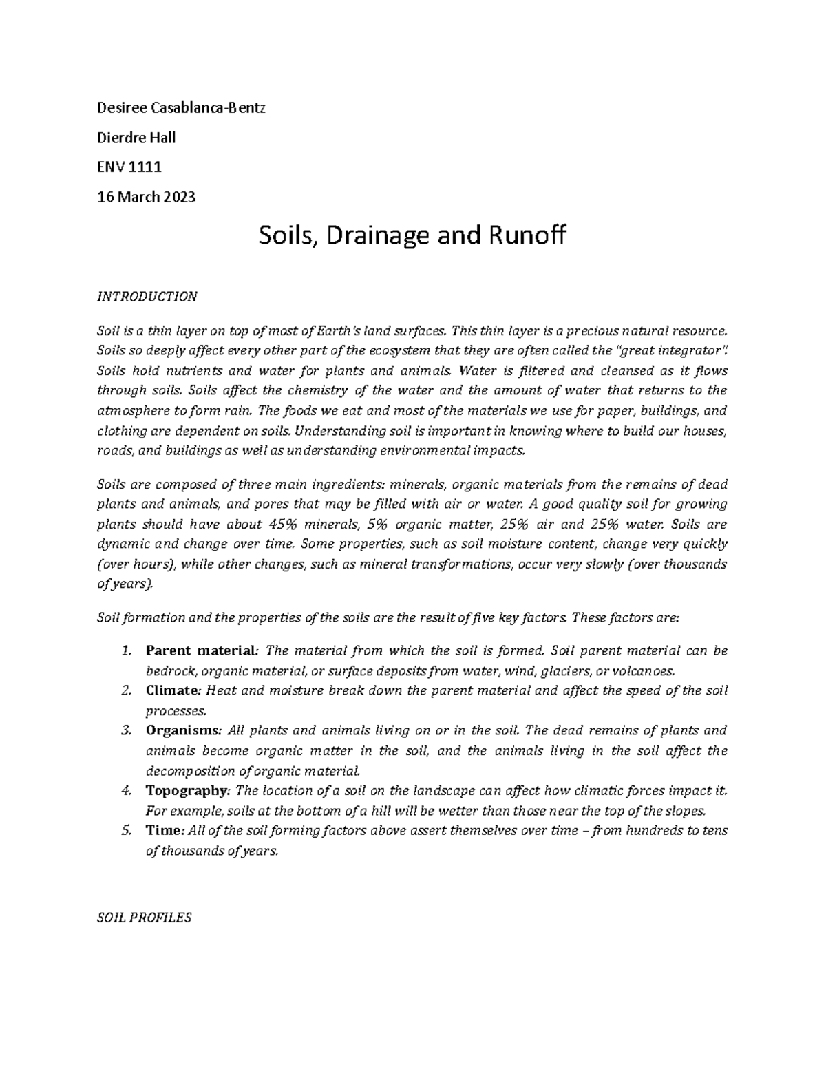 Soil and Drainage Lab - Desiree Casablanca-Bentz Dierdre Hall ENV 1111 ...