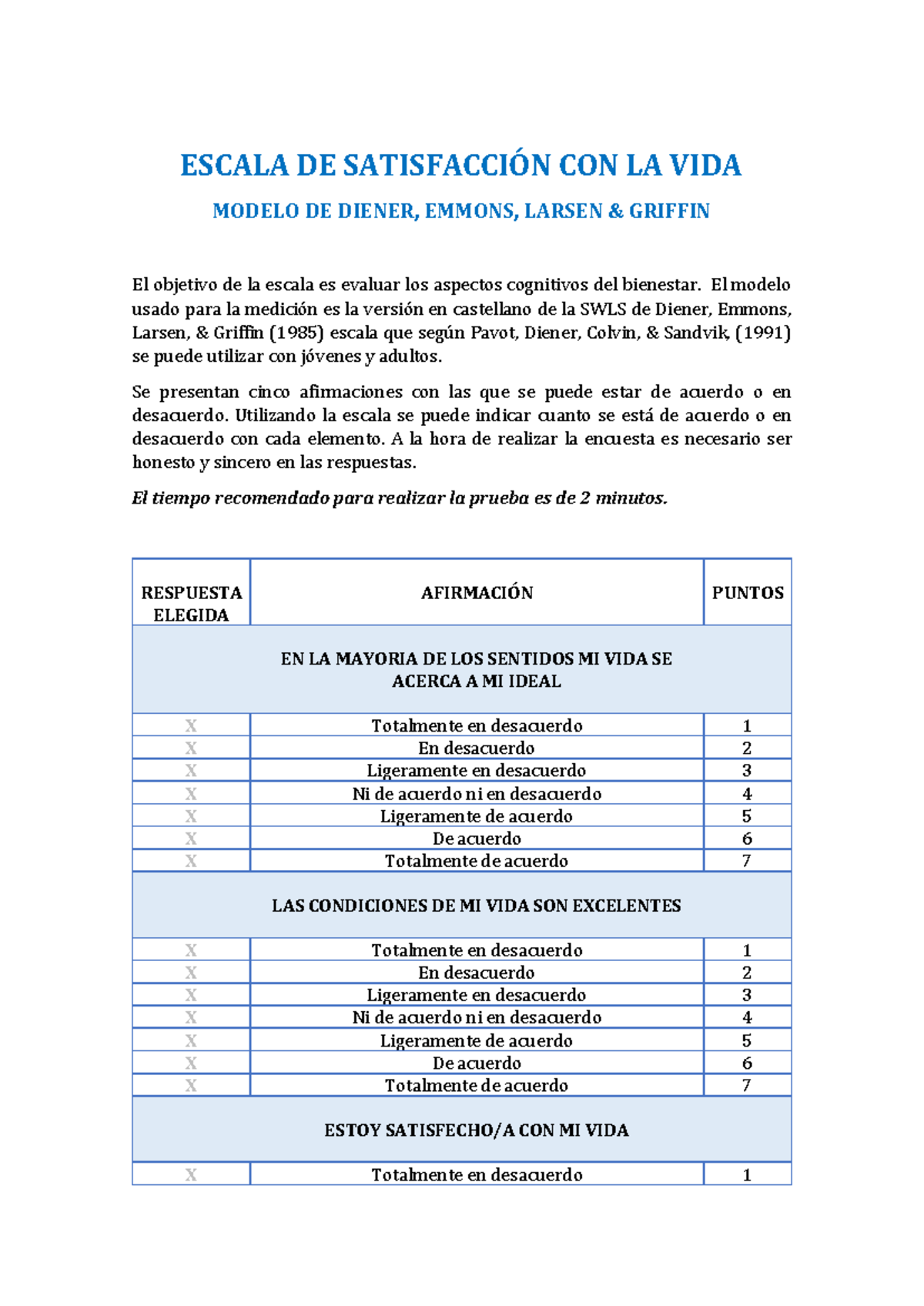 TEST. Escala de satisfacción con la vida - ESCALA DE SATISFACCIÓN CON ...