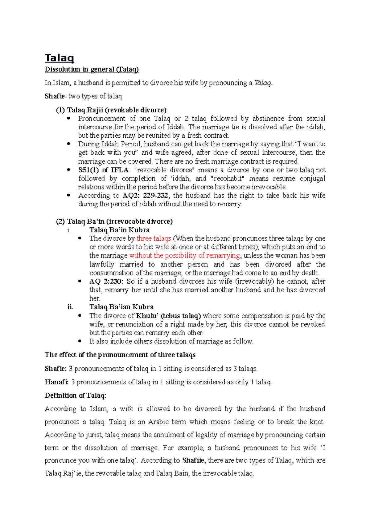 Dissolution final - Good notes for IFL - Talaq Dissolution in general ...
