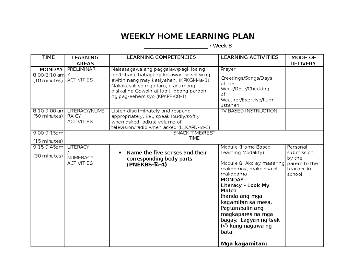 Weekly HOME Learning PLAN Week 8 - WEEKLY HOME LEARNING PLAN ...
