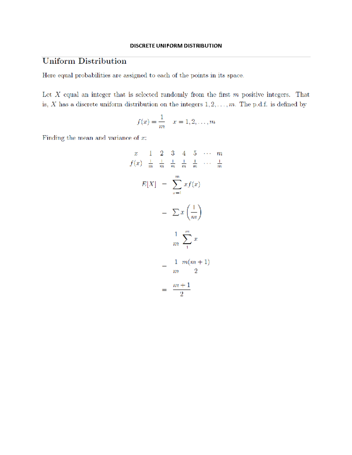 Discrete Uniform Distribution - Stat230 - DISCRETE UNIFORM DISTRIBUTION ...