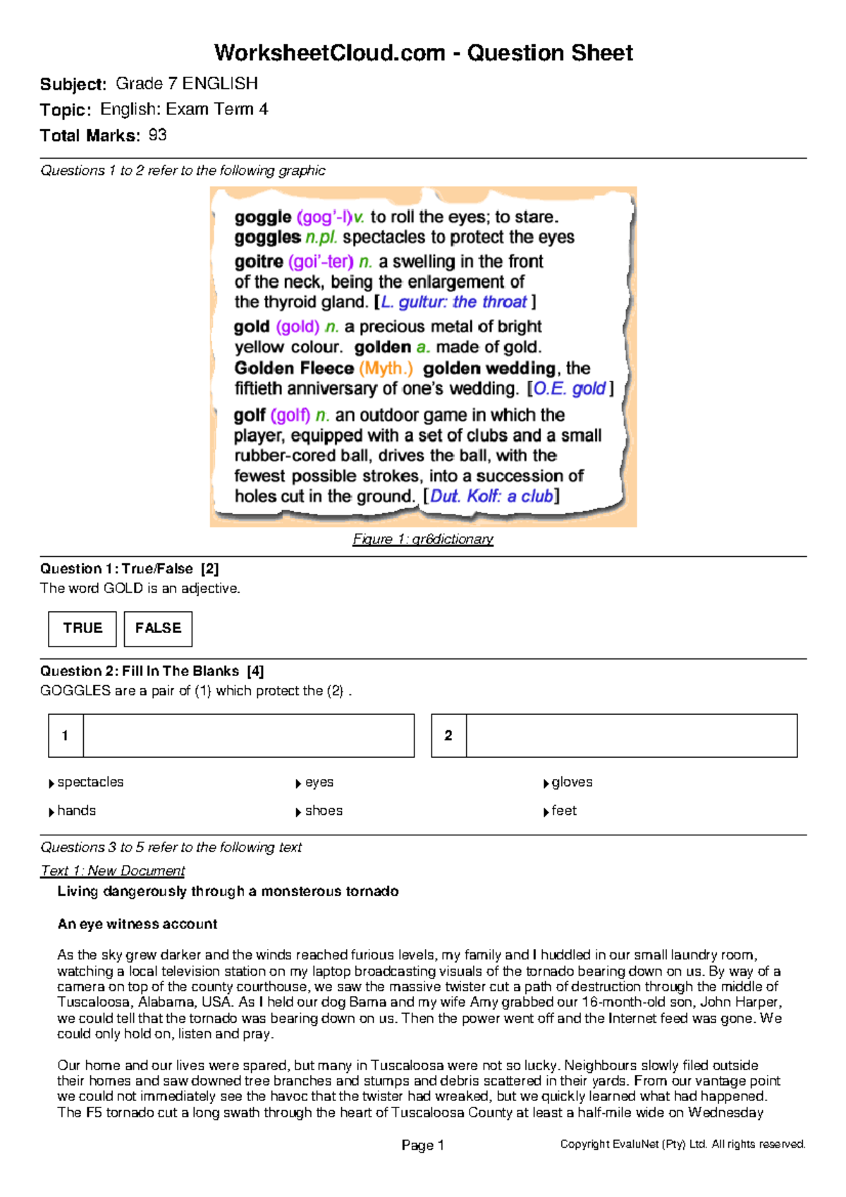 English 8 no ans (facil) - WorksheetCloud - Question Sheet Topic: English: Exam Term 4 Total ...