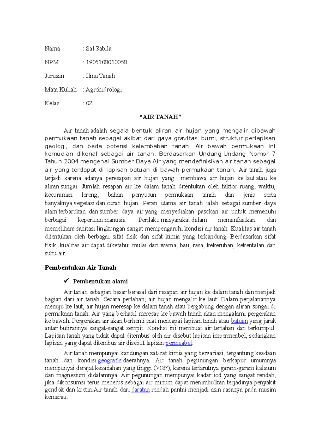 resume Agrohidrologi air tanah - Nama : Sal Sabila NPM : 1905108010058 ...