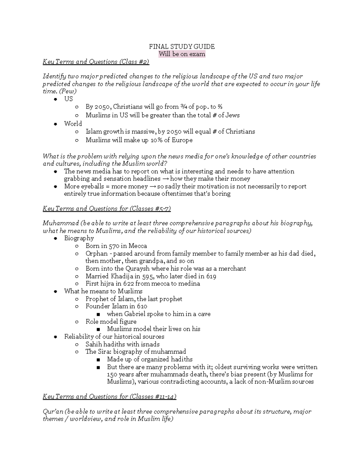Final Study Guide - FINAL STUDY GUIDE Will be on exam Key Terms and ...