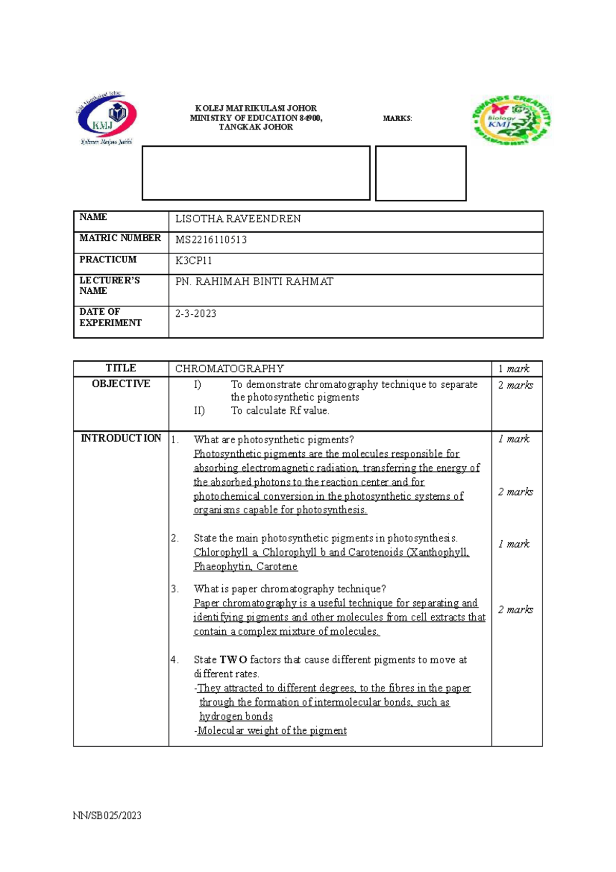 LAB Report EXP 11 LIS - biologi pratikal 11 - NAME LISOTHA RAVEENDREN MATRIC NUMBER MS PRACTICUM ...
