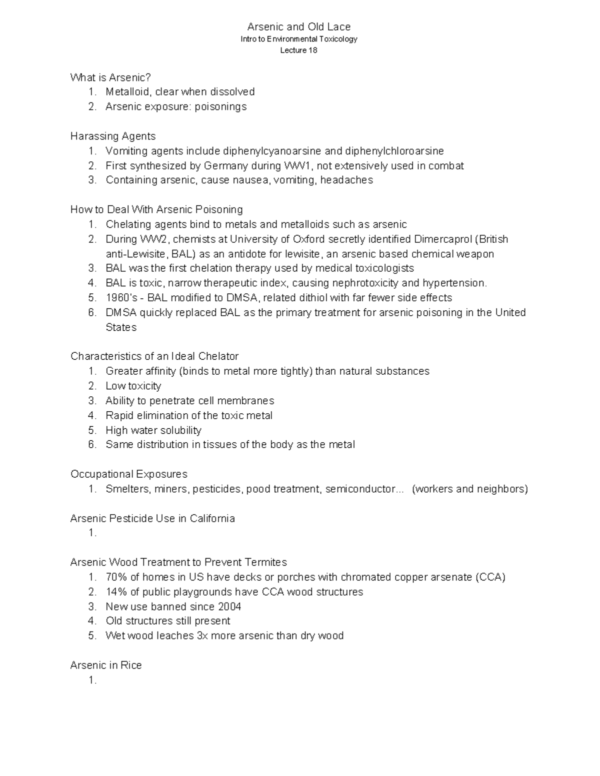 Lecture 9: Arsenic - Arsenic and Old Lace Intro to Environmental ...