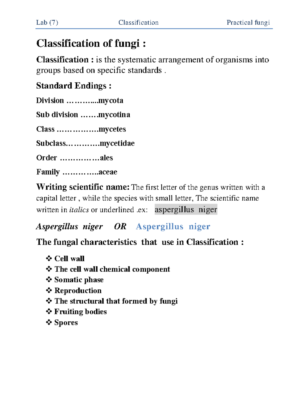 General mycology lab 7 - Lab (7) Classification Practical fungi ...