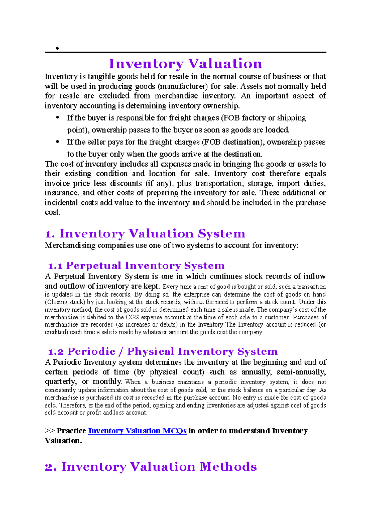 Inventory Valuation - practice - Inventory Valuation Inventory is ...