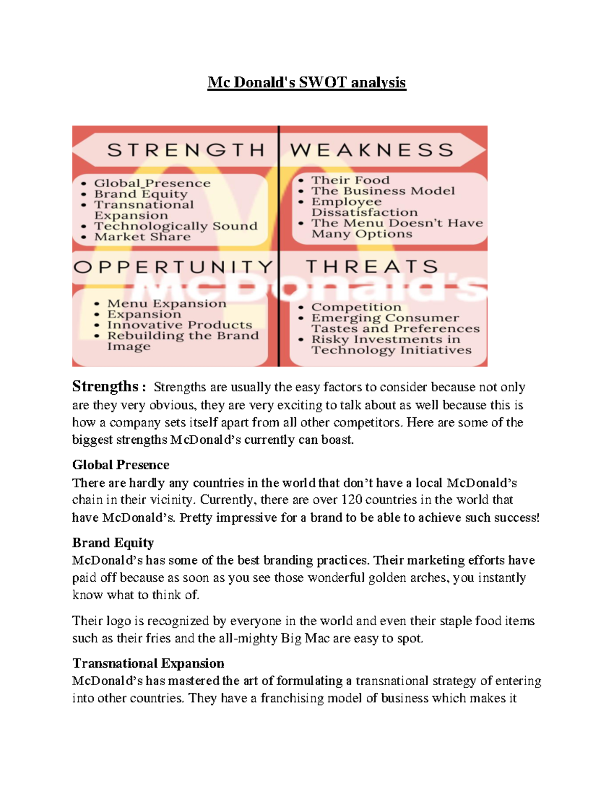 Mc Donald's SWOT analysis - Mc Donald's SWOT analysis Strengths ...