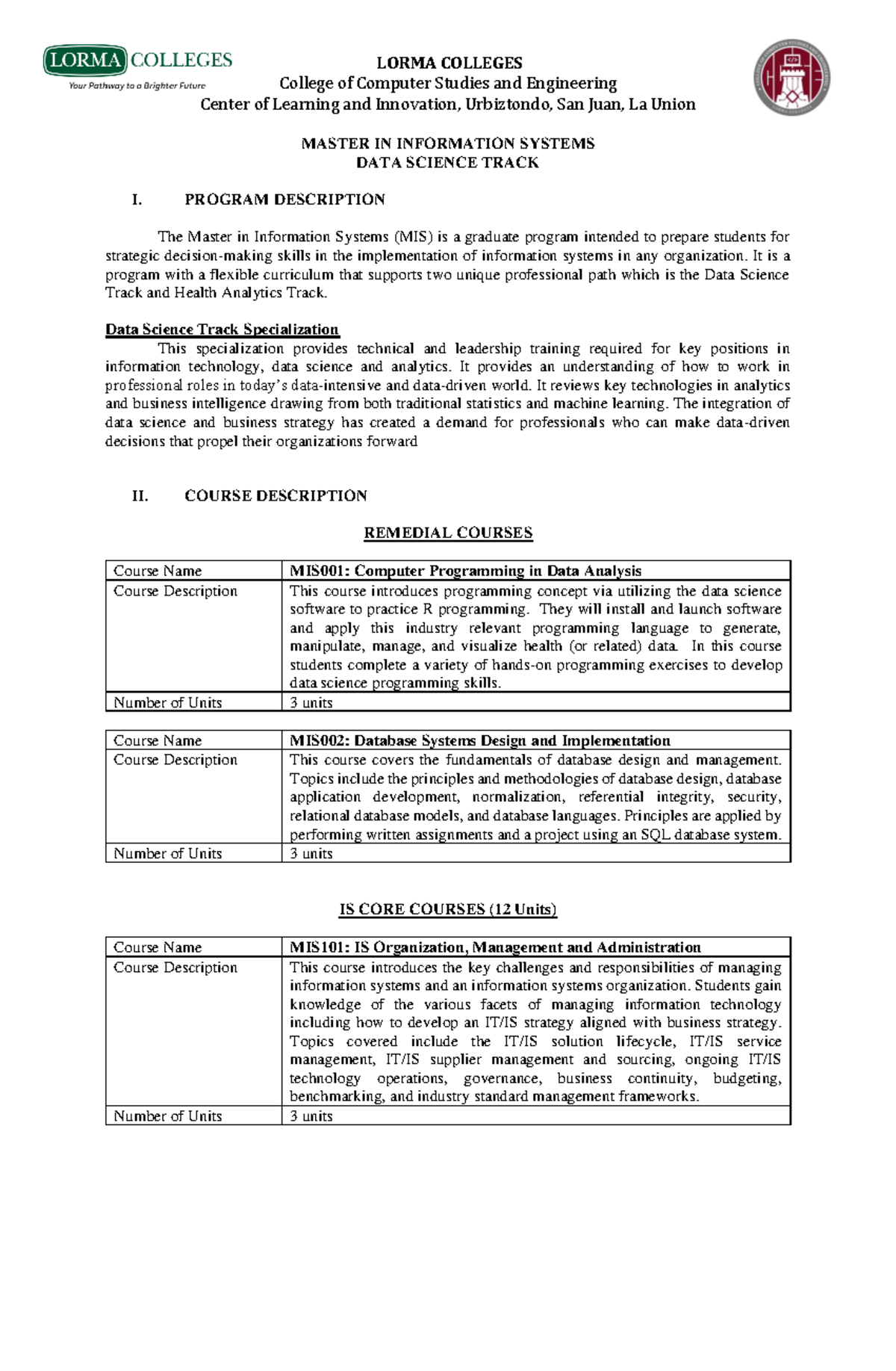 MIS Data Science Track - College of Computer Studies and Engineering ...