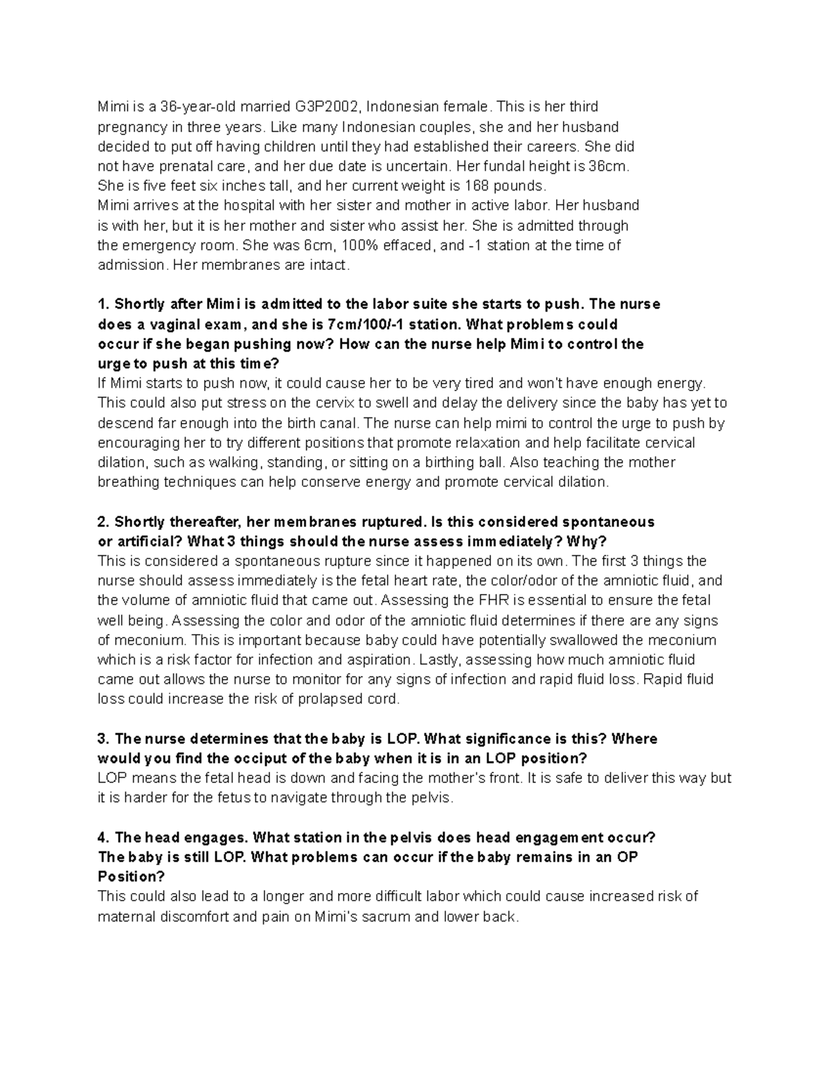 Case study 1 - Mimi is a 36-year-old married G3P2002, Indonesian female ...