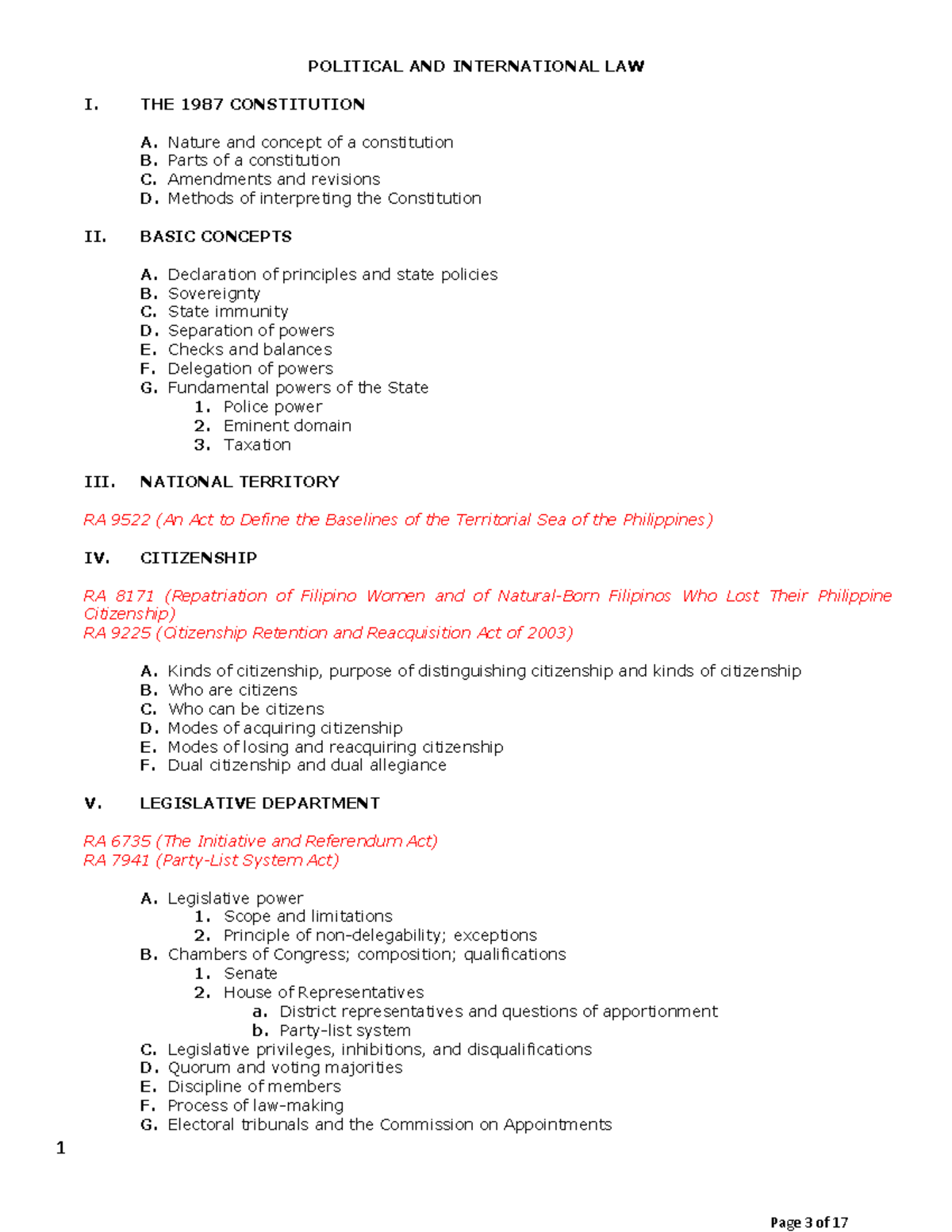Political Law Syllabus 2021 - POLITICAL AND INTERNATIONAL LAW I. THE ...