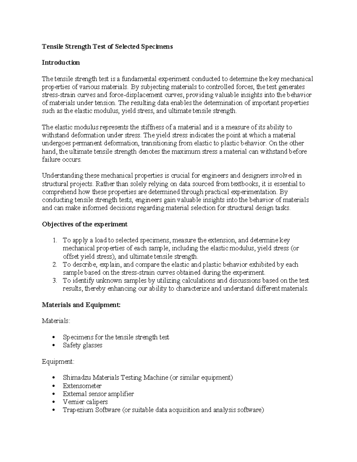 Tensile Strength Test Lab - Tensile Strength Test of Selected Specimens ...